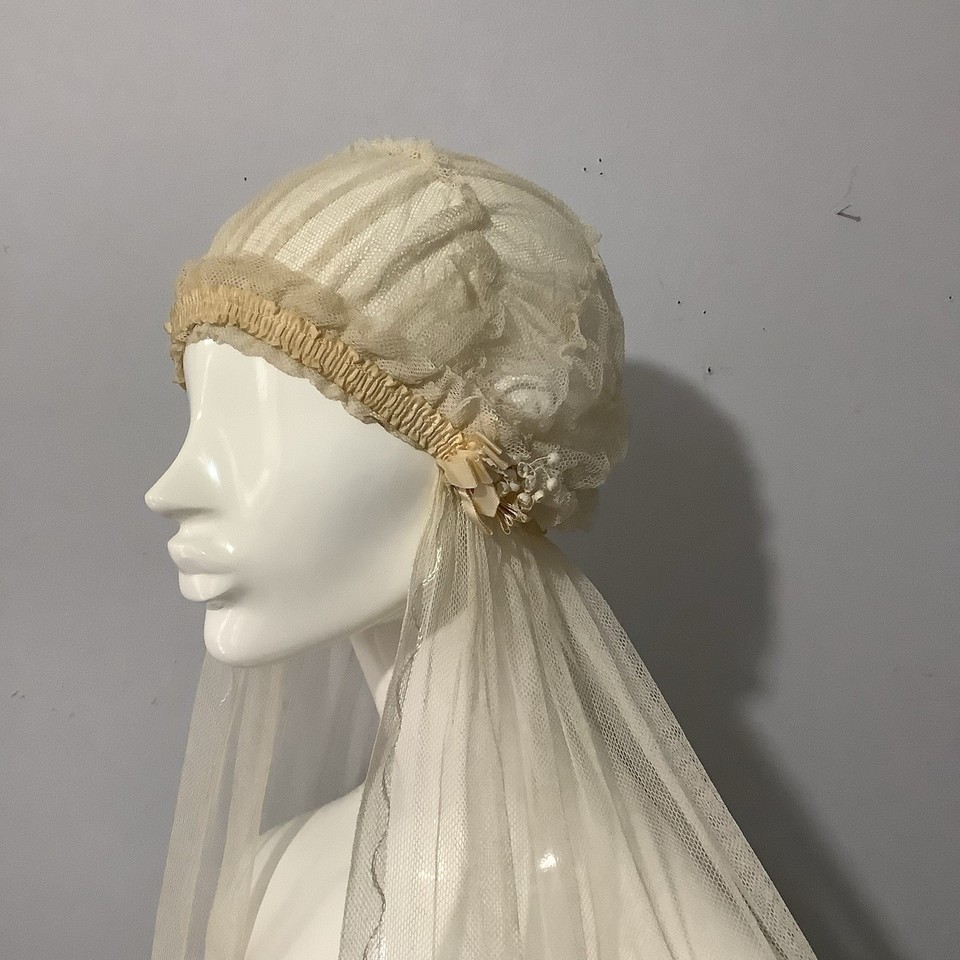 Vintage 1920’s Antique Juliet Bridal Cap Wedding Veil Silk Ribbon ...