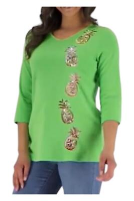 Quacker Factory Women's Ombre Embroidery&Sequin Summer Top Grn/Pinappl ...