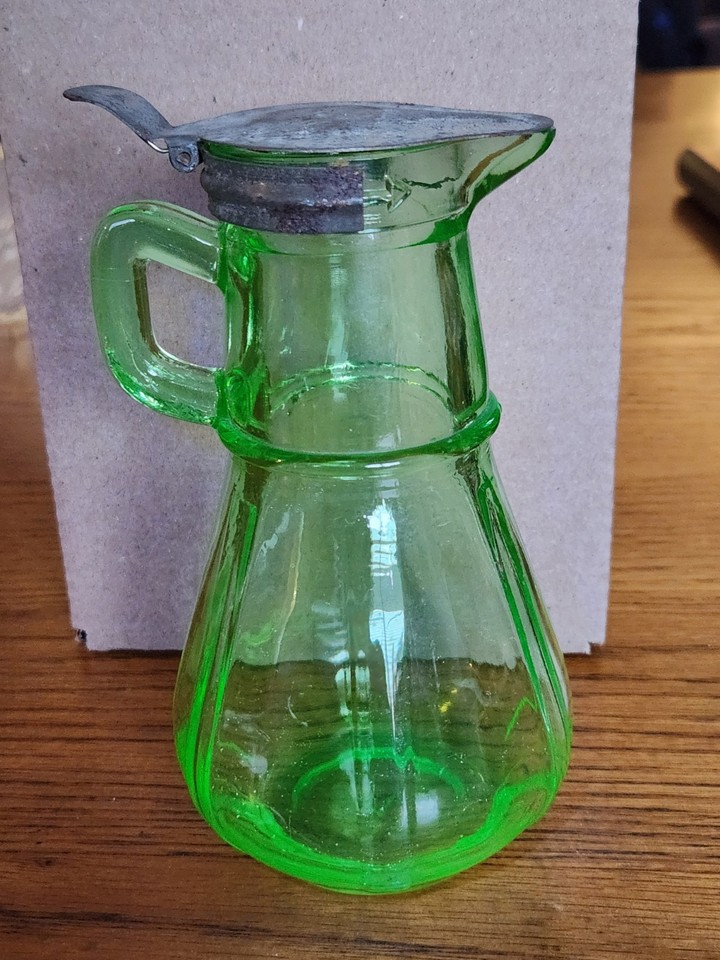 Vintage Hazel Atlas Green Uranium Depression Glass Syrup Pitcher With ...