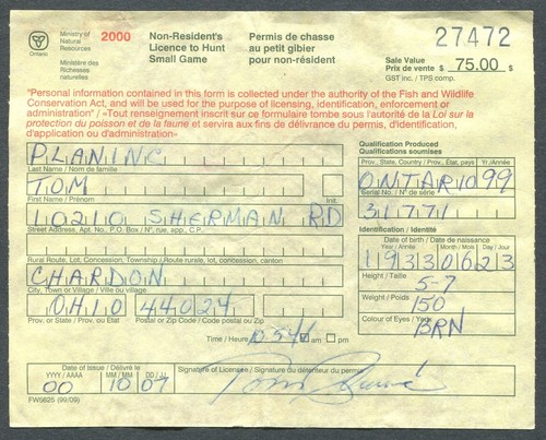 CANADA REVENUE ONTARIO 2000 NON-RESIDENT'S SMALL GAME HUNTING LICENCE ...