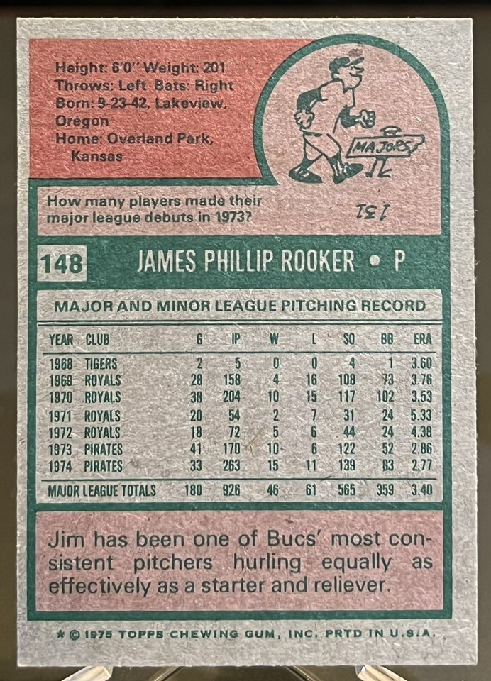 1975 Topps #148 : Jim Rooker: Pittsburgh Pirates (+ Centering) Near ...
