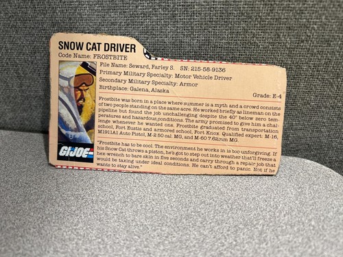 GI Joe Frostbite- Snow Cat Driver File Card Only | eBay