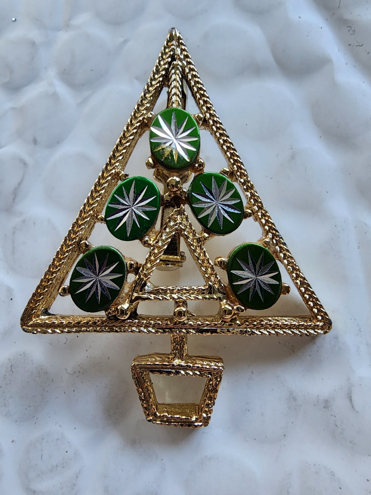 Gold Crown Christmas Tree Pin Mid Century Green Medal… - Gem