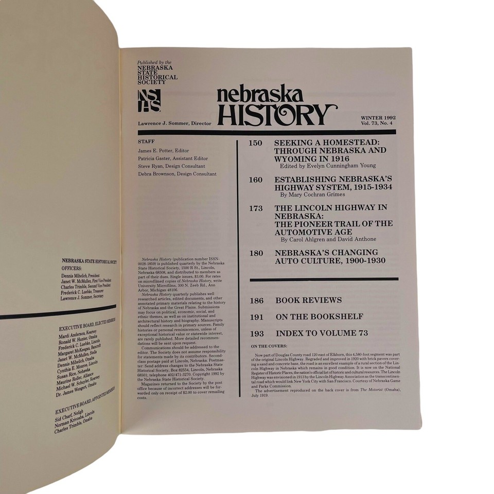 NEBRASKA HISTORY Magazine Winter 1992 Lincoln Highway Changing Auto ...