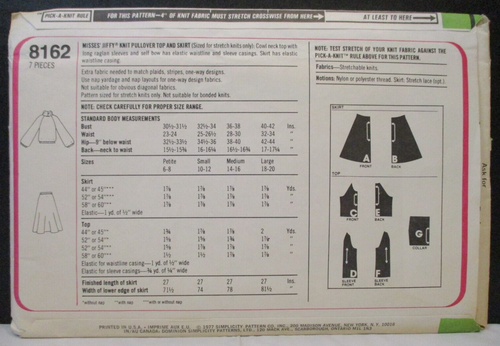 Vtg Simplicity Pattern 8162 Miss Size S (19-12) Pullover Top & Skirt ...