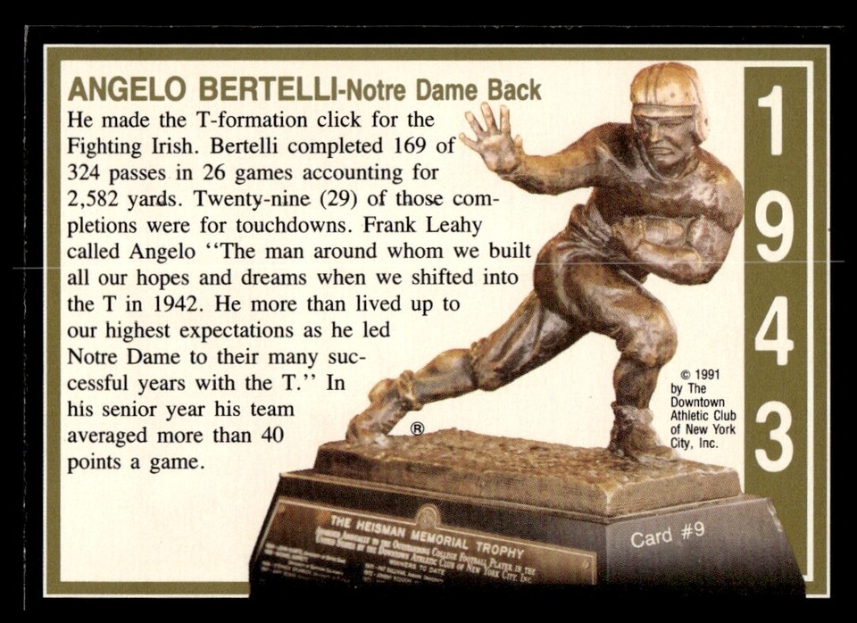 1991 Heisman Collection I Angelo Bertelli #9 Notre Dame Fighting Irish ...