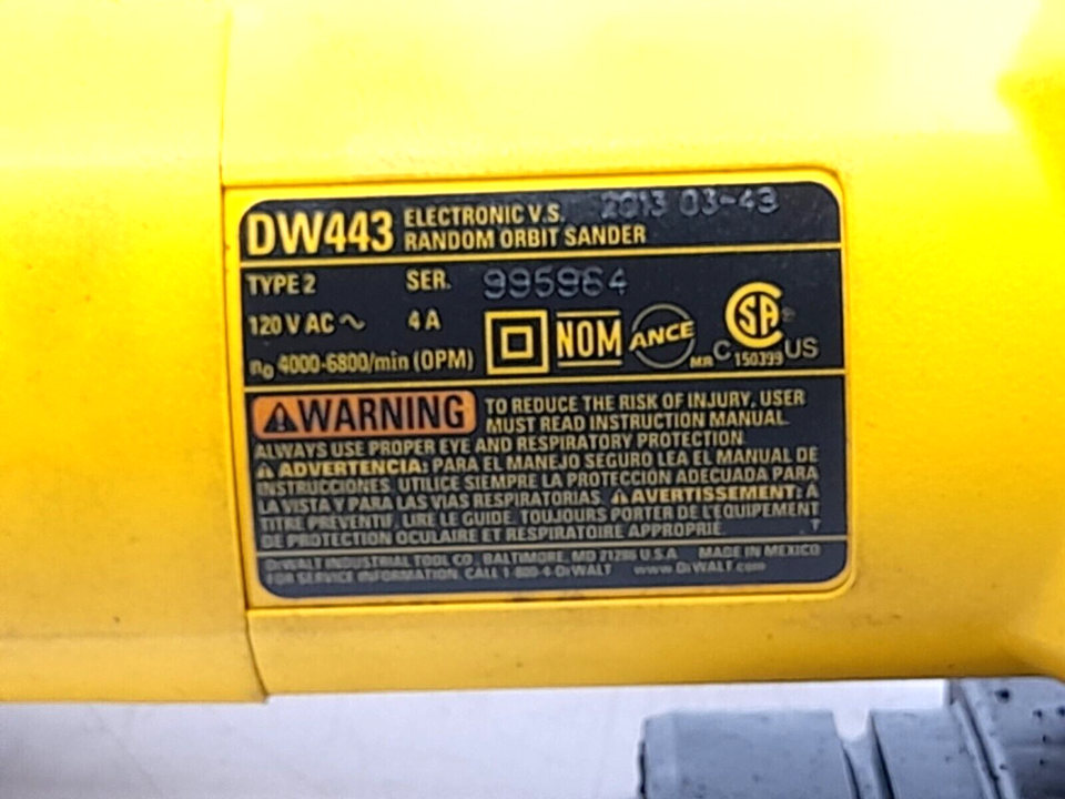 DeWALT DW443 Electronic V.S. Random Orbit Sander Type 2 120VAC 4A No ...