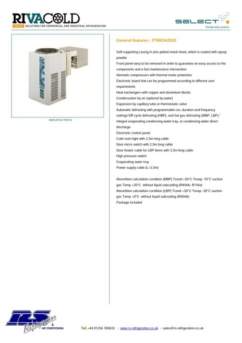 RIVACOLD MONOBLOCK UNIT, -5C / +5C CHILLER ROOMS 24m3 / 46m3, 415V ...