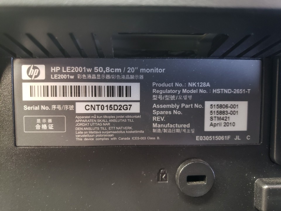 HP LE2001w 20" LCD Monitor VGA with Power Cable and VGA Cable | eBay