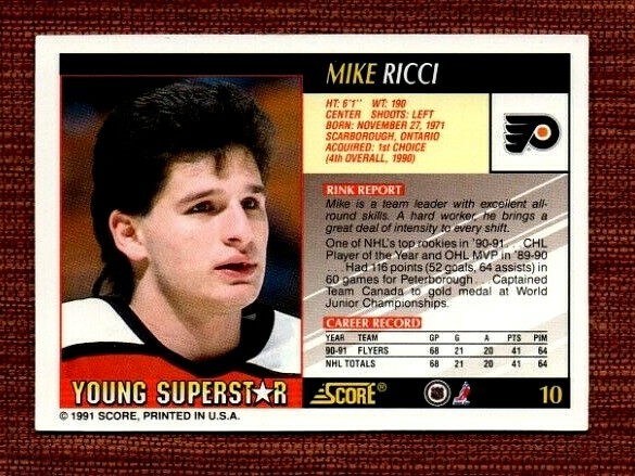 Mike Ricci AUTO 1991-92 Score Young Superstars #10 Flyers Hockey Card ...
