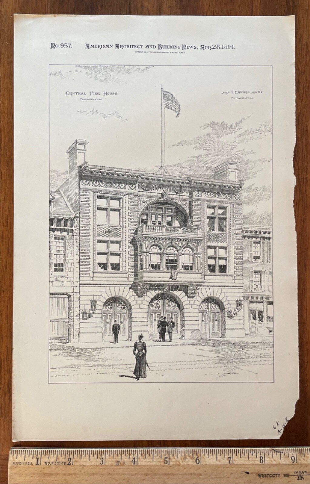 Antique 1894 mag print Central Fire House Philadelphia PA John Windrim ...