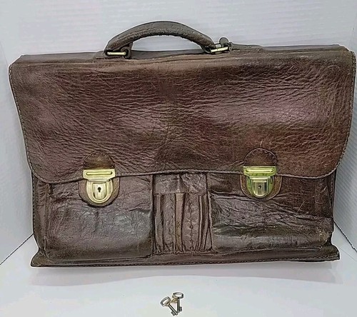 Vtg Brown Leather Professor Briefcase Satchel Messenger Lawyer Bag with ...