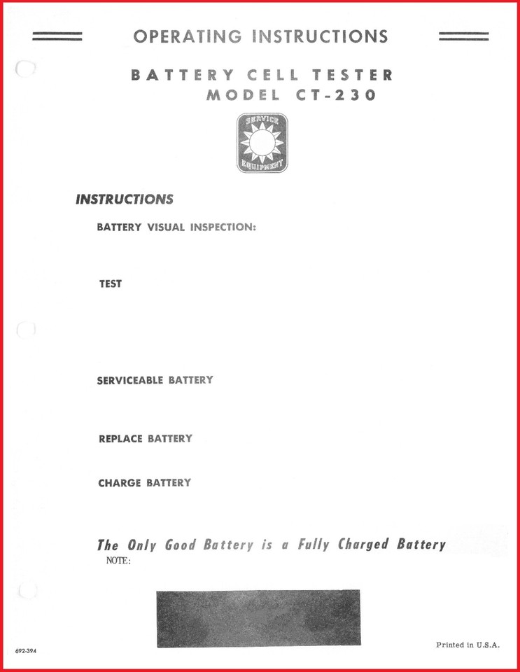 Sun Model CT-230 Battery Cell Tester Operating Instructions One Side ...