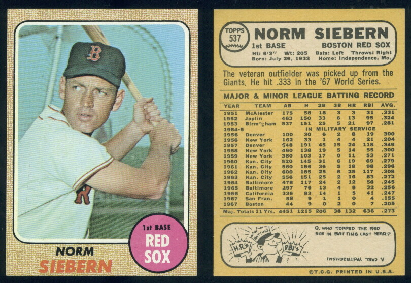 (69222) 1968 Topps 537 Norm Siebern Red Sox-NM | eBay