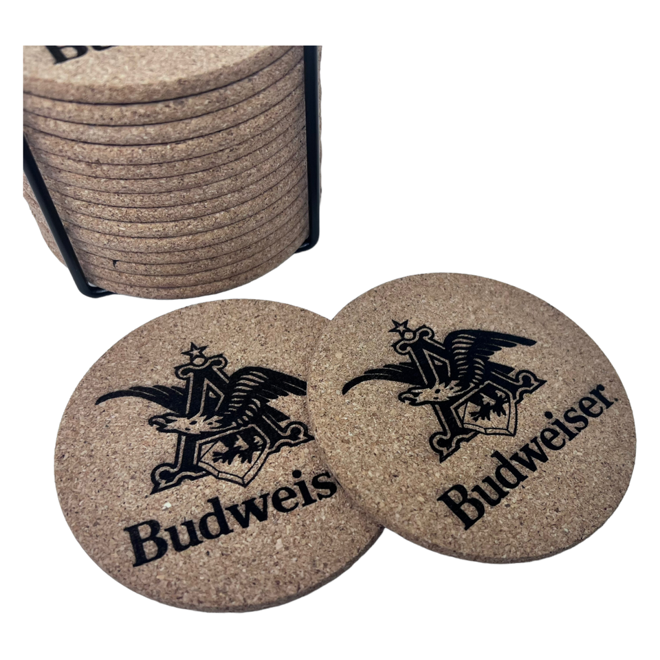 16 pieces coasters set Budweiser beer logo cork and metal holder | eBay