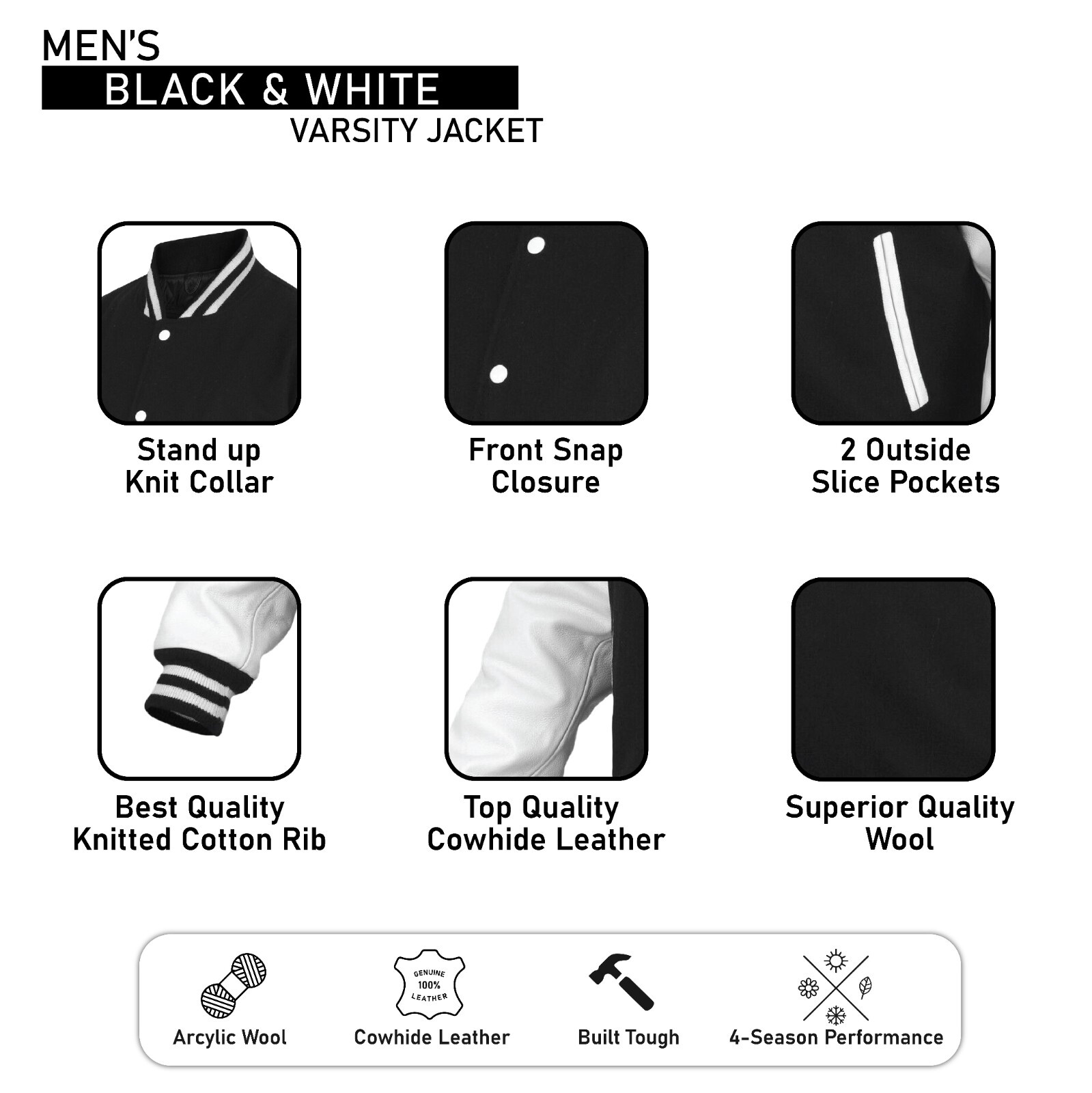 Leather Sleeves Varsity Blouson Letterman Baseball Banded Collar ...