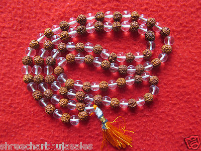 Crystal Quartz Rosary Sphatik Septic + Rudraksha Hindu Pray Beads Mala ...