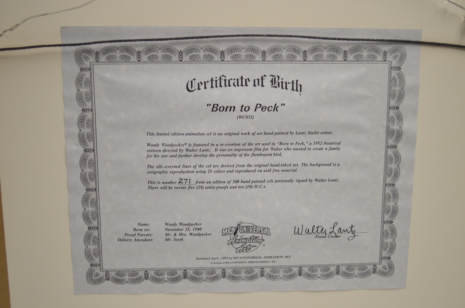 Universal Walter Lantz SIGNED BORN TO PECK Framed Sericel LE 300 ...