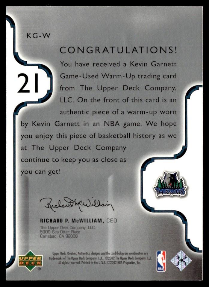 2002-03 Upper Deck Ovation Authentics Warm-Ups Kevin Garnett Minnesota ...