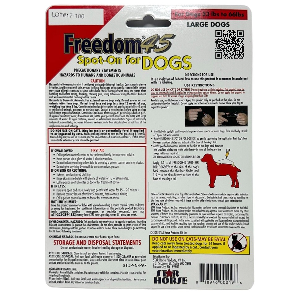 Freedom 45 Spot On Flea Tick Control for Large Dogs 33-66 LBS 6 Months ...