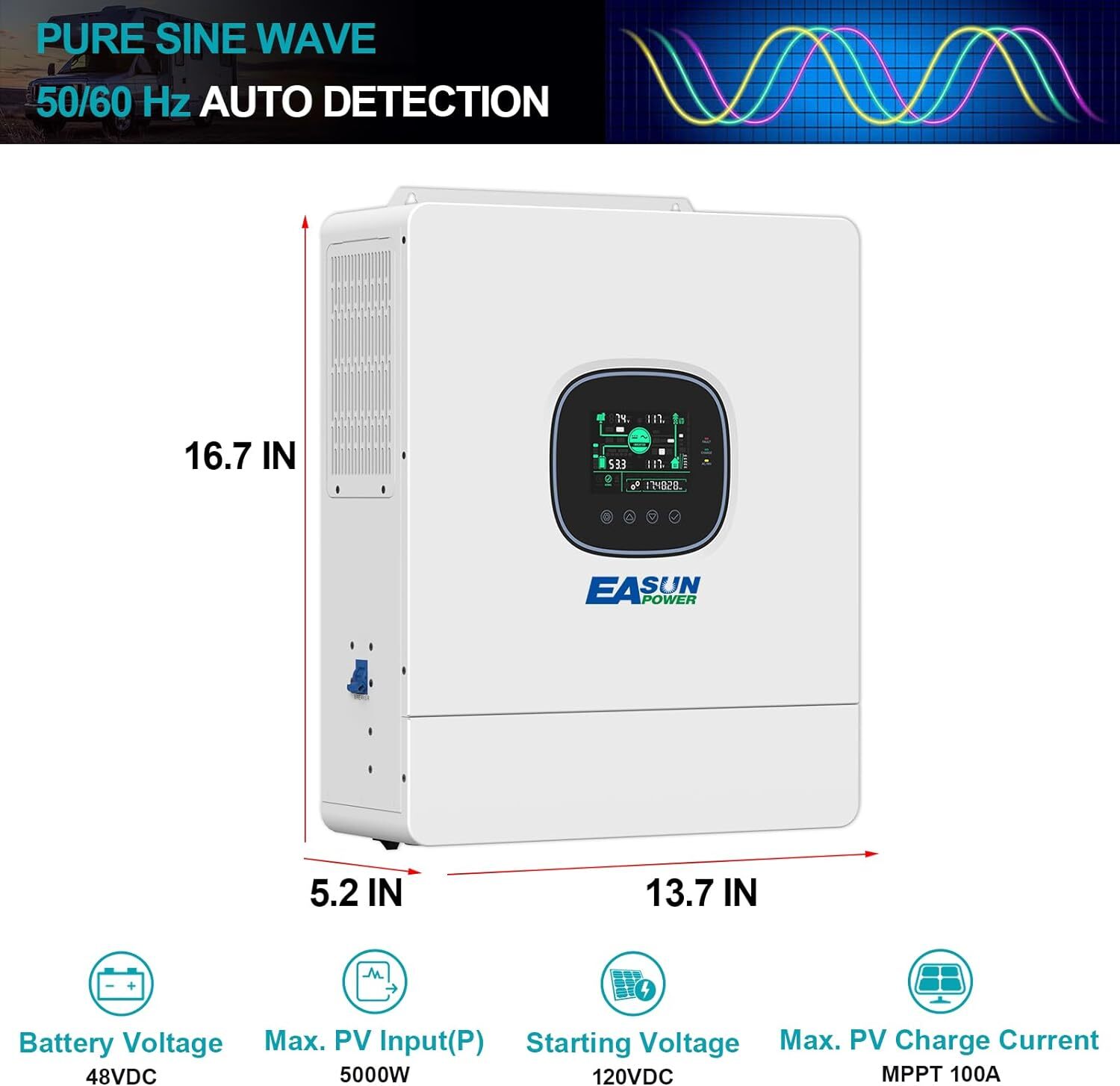 5000W 48V Solar Hybrid Inverter Split Phase 120V 240V 100A MPPT PURE ...