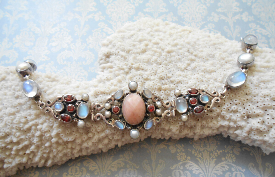 Oxidized Sterling Silver Nicky Butler Moonstone Garnet 8" Bracelet 6268 ...