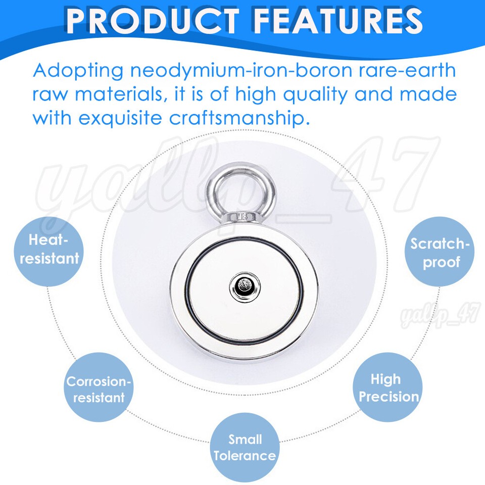 700LBS Fishing Magnet Rope Kit Double Sided Strong Neodymium Searching ...