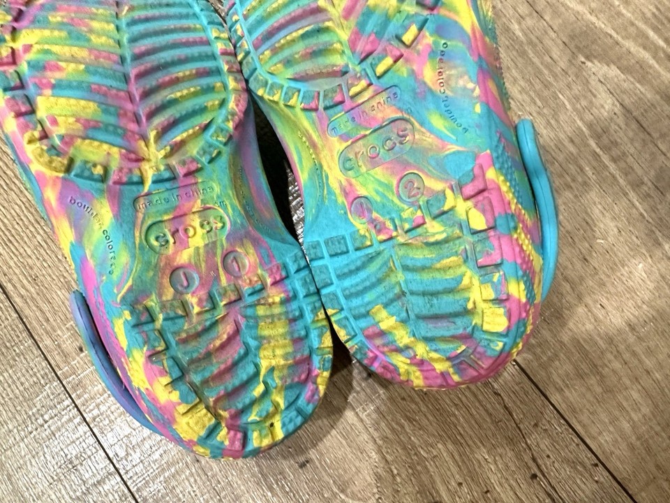 CROCS Clogs Marble Tie Dyed Colored Blue Pink Yellow Girls Size J1 J2 ...