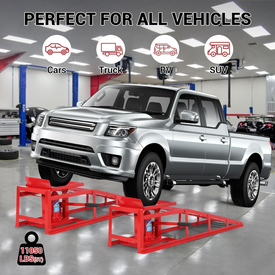 2Pcs Hydraulic Car Ramps 12000LBS Adjustable Lift Jack Red Auto Ramp ...