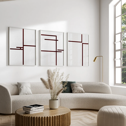 Set of 3 Dark Red, Black & White Stipe Line Abstract Modern Wall Art ...
