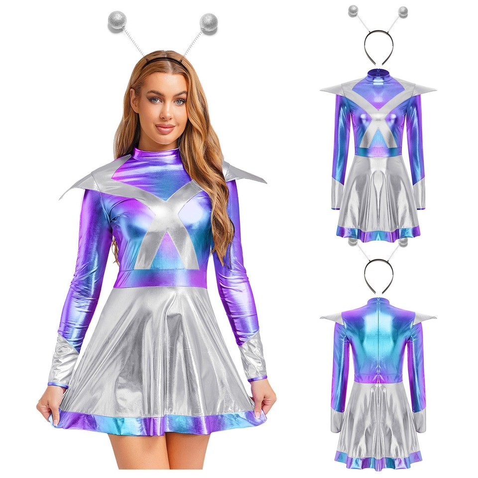 Women Dress Structured Alien Metallic Costume Party Astronaut Tights ...