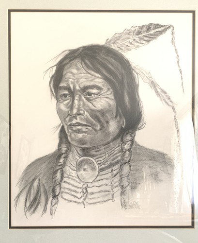 Charcoal Drawing Of Indian Chief Wolf Robe? By Kent Bernard VTG Framed ...