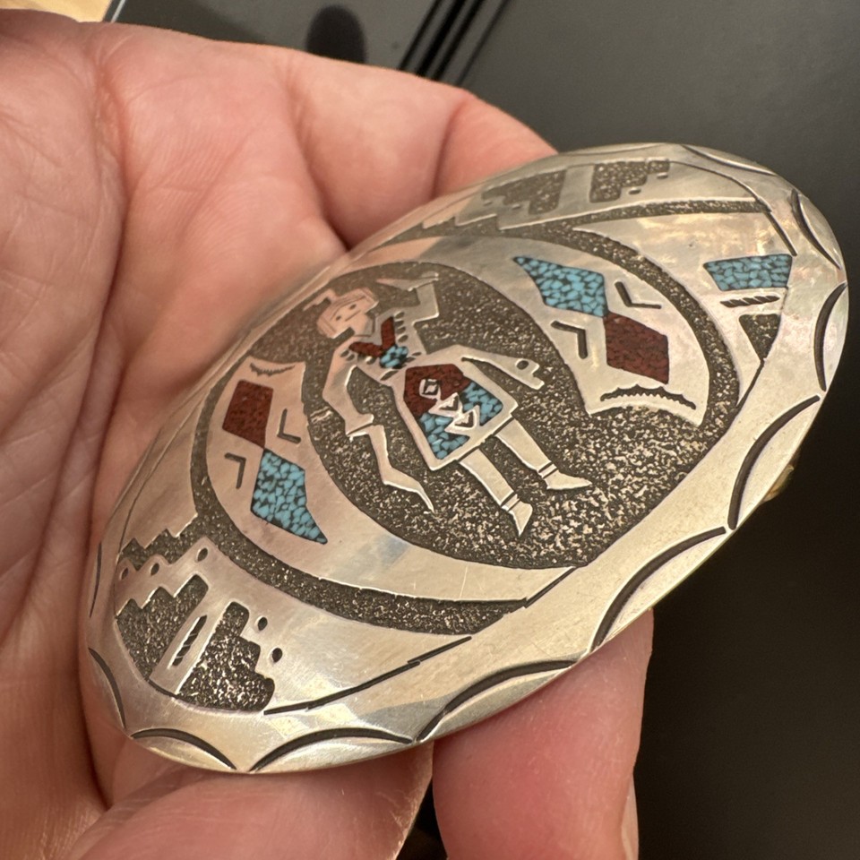 A+ Sterling Belt Buckle Turquoise Coral Chip Inlay Navajo Indian ...