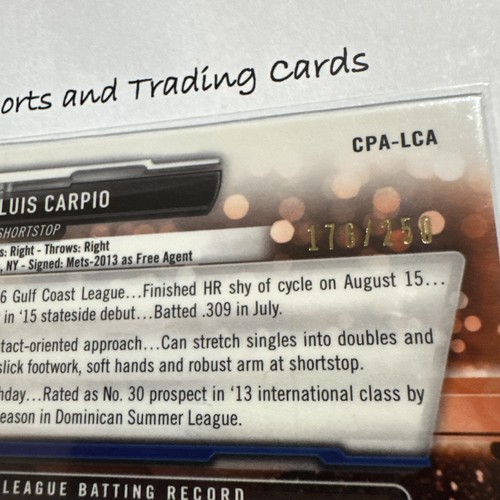 Luis Carpio 2017 /250 Bowman Chrome Blue 1st Rookie Auto Card Mets | eBay