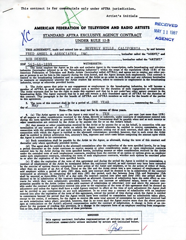 Gilligans Island BOB DENVER signed contract original autograph AFTRA ...