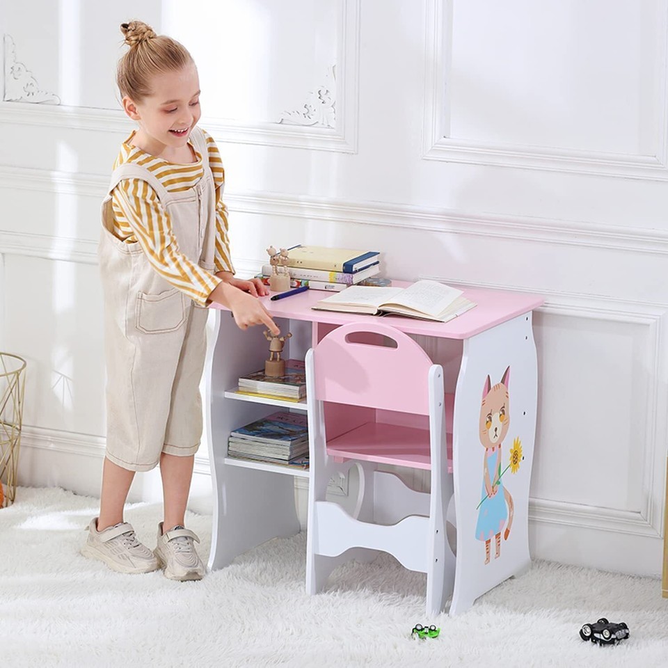 Brand Study Table and Chair Set Kids Wooden Desk with Stool & Storage ...
