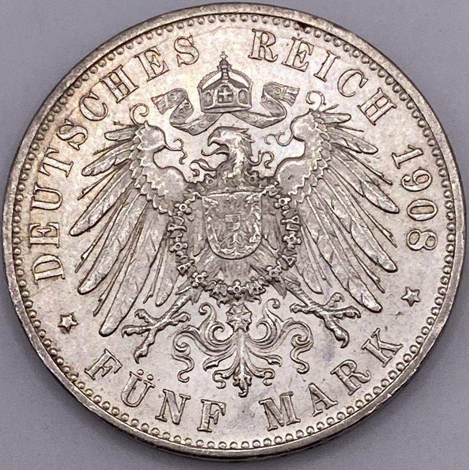 1908 Germany States 5 Funf Mark.900 Silver Coin Wilhelm II German ...