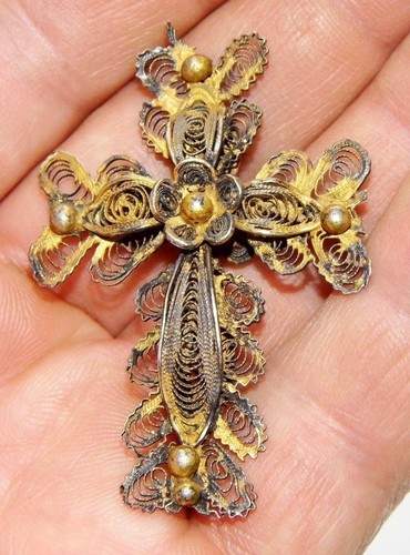 Antique Handmade Silver & Gold Filigree Cross Religious Pendant Baroque ...