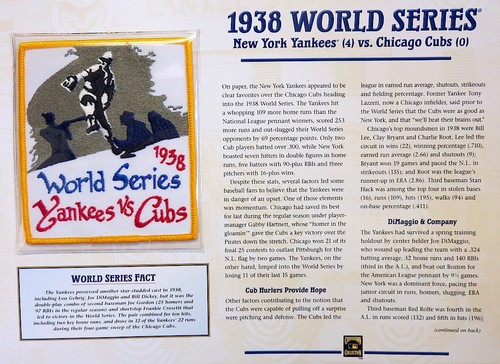 1938 WORLD SERIES PATCH CARD Willabee & Ward ~ NEW YORK YANKEES vs ...
