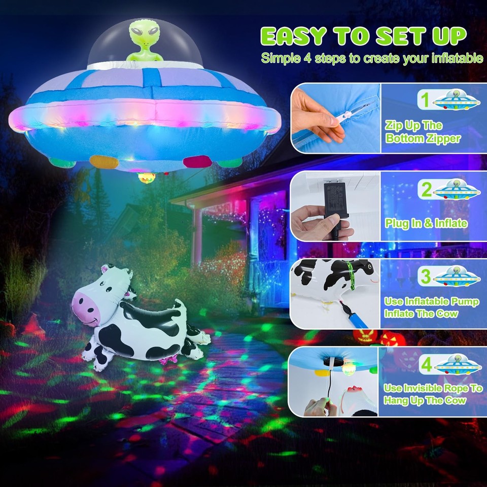 4.2FT Halloween Inflatables Outdoor Decorations, UFO Cow Abduction ...