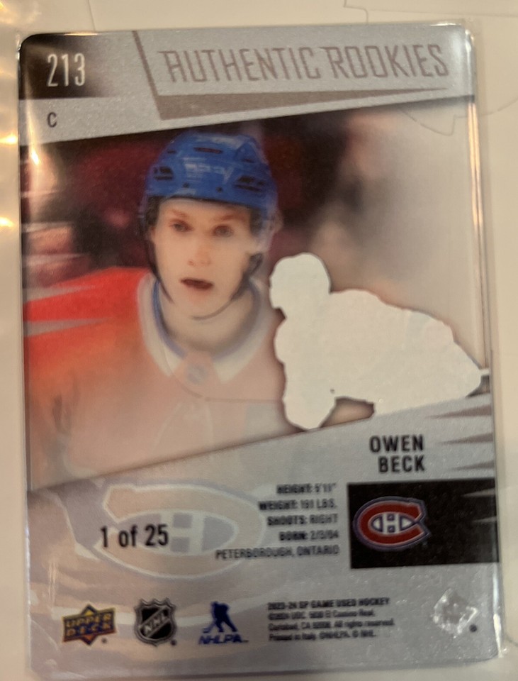 2023-24 SP GAME USED Authentic Rookies Crystal OWEN BECK 1 /25!! #213 ...
