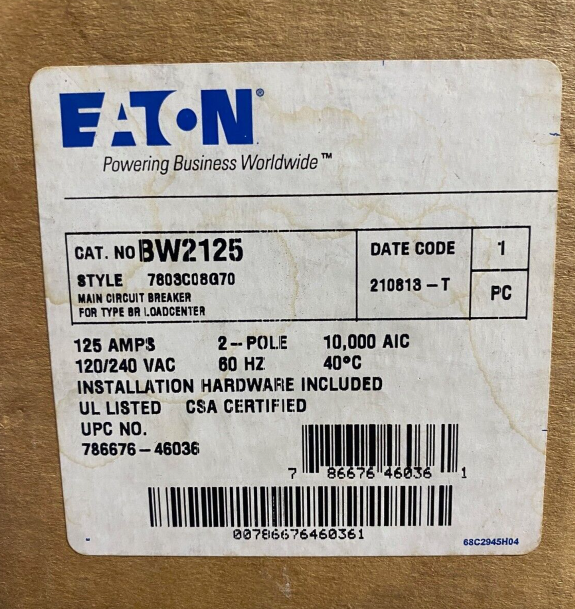 Eaton BW2125 2 Pole 125 Amp 120/240 VAC | eBay