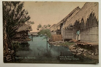 Postcard Panama Native Village Chiman houses thatch huts woman scenic ...