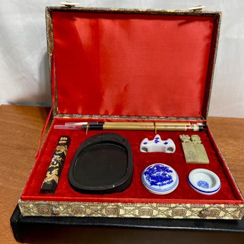 Calligraphy Pen & Ink Holders Set in Antiqued Silky And Red Silk Box ...