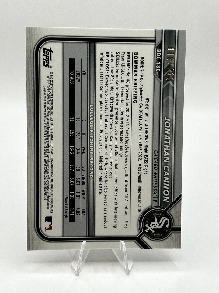 22 Bowman Draft Chrome Purple #BDC-180 Jonathan Cannon /250 - Chicago ...