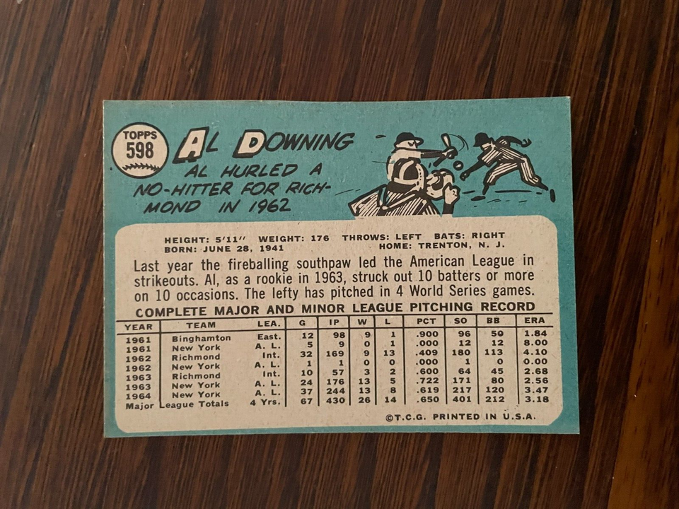1965 TOPPS #598 AL DOWNING NEW YORK YANKEES BASEBALL CARD EX/MT | eBay