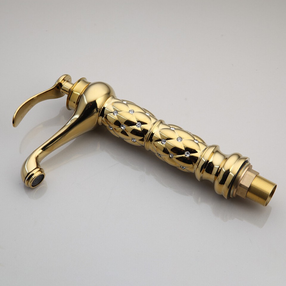 Gold Bathroom Vessel Basin Mixer Tall Faucet Diamond Single Handle Hole ...