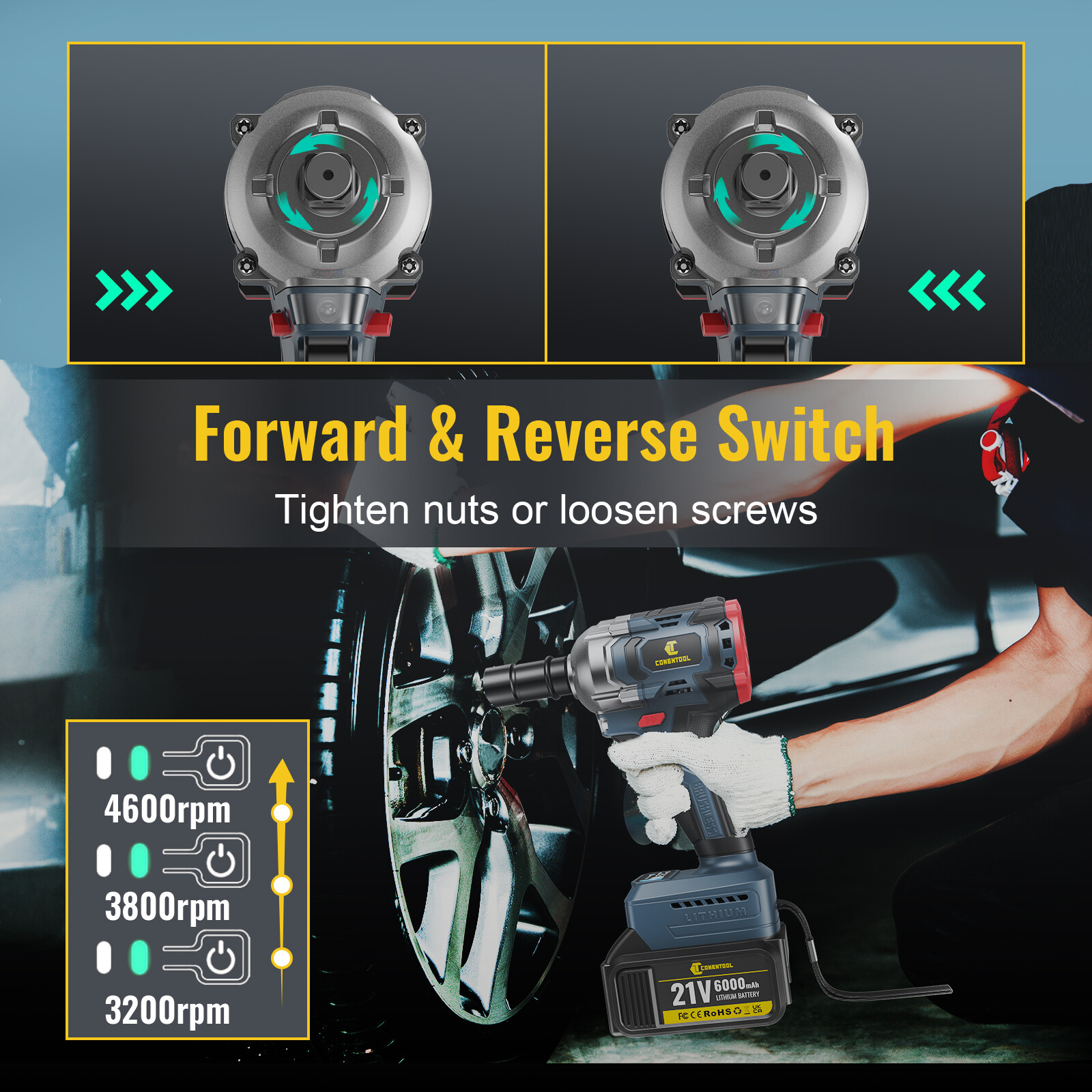 21V Cordless Impact Wrench 1/2"Driver Ratchet Rattle Nut Gun Set 620Nm ...