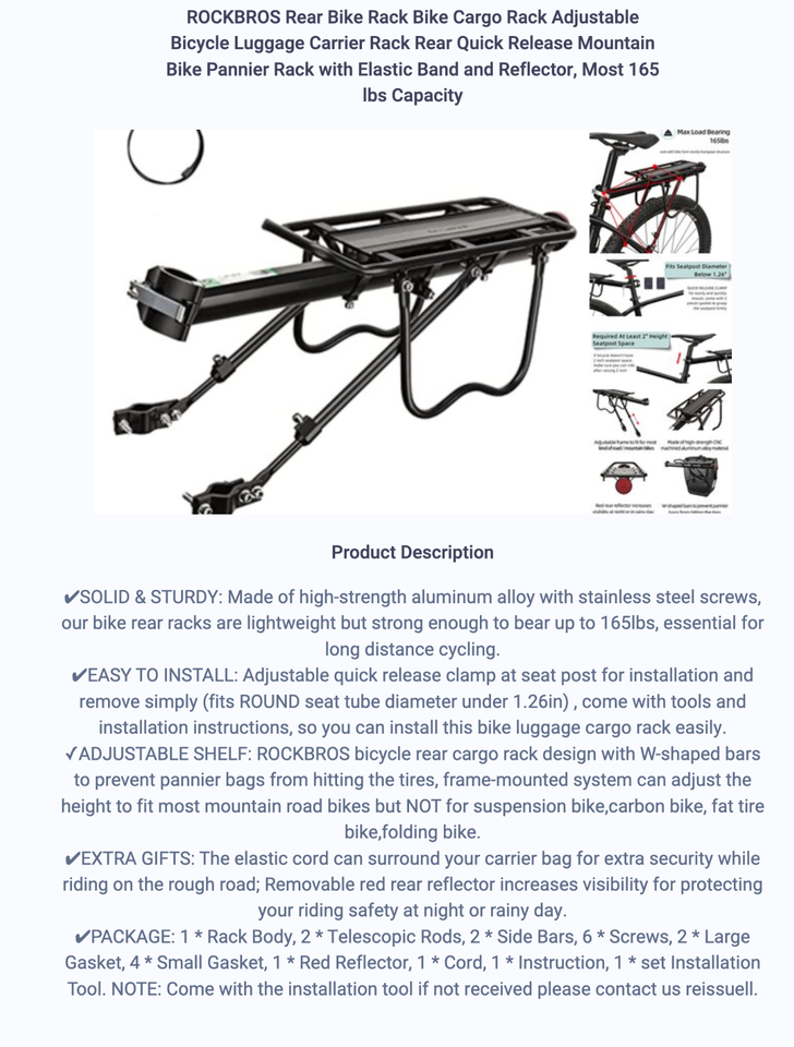 ROCKBROS Rear Bike Rack Bike Cargo Rack Adjustable Bicycle Luggage ...