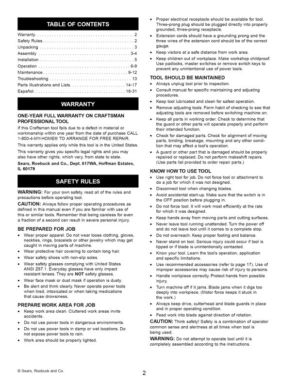 Owner's Manual & Parts List for Sears Craftsman 13” Planer - Model 351. ...